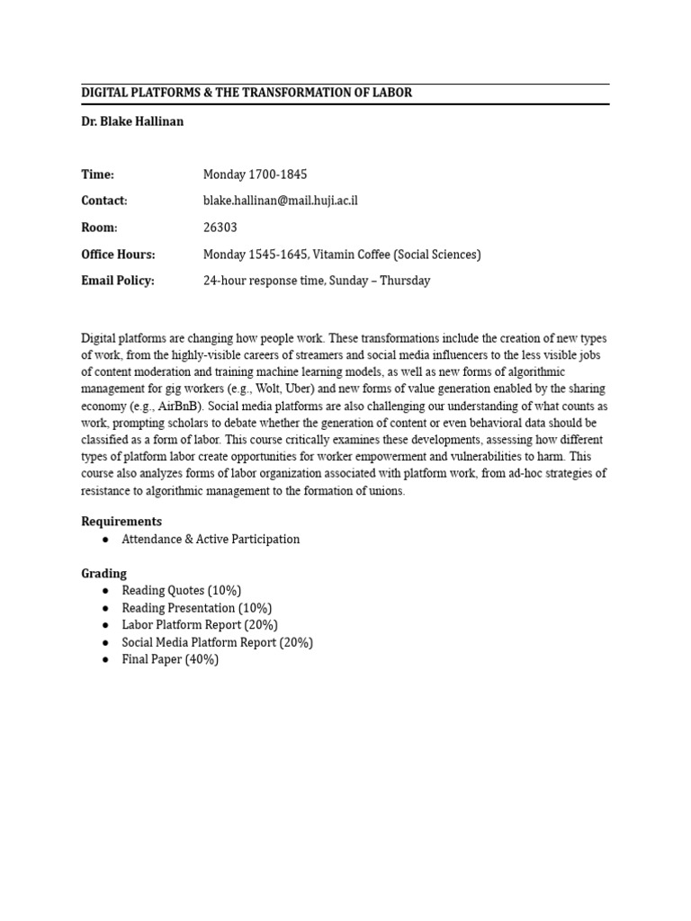 Platform Labor Syllabus 2024 | PDF | Social Media | Popular Culture ...