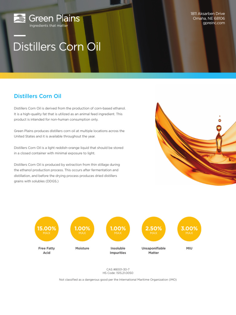 Green Plains Distillers CornOil DataSheet | PDF | Maize | Distillation