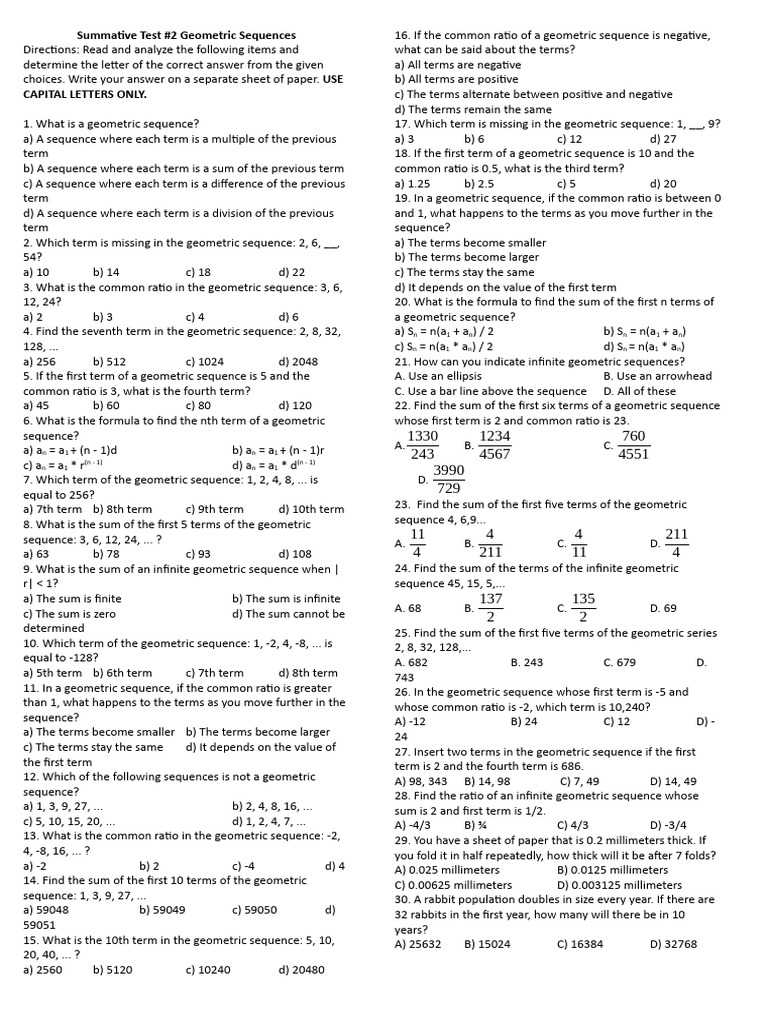 Summative Test 2 Geometric Sequence Pdf Summation Mathematical 1957