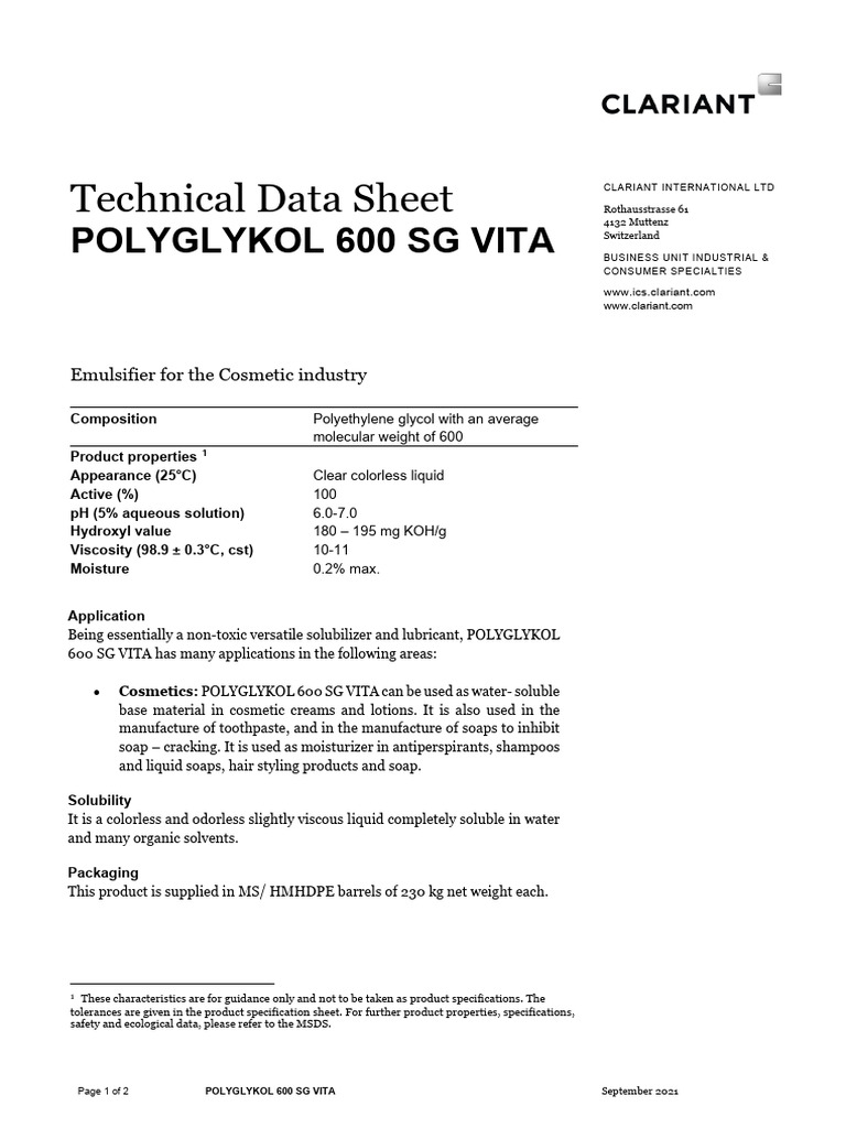 TDS Polyglykol 600 SG Vita English | PDF | Solubility | Viscosity