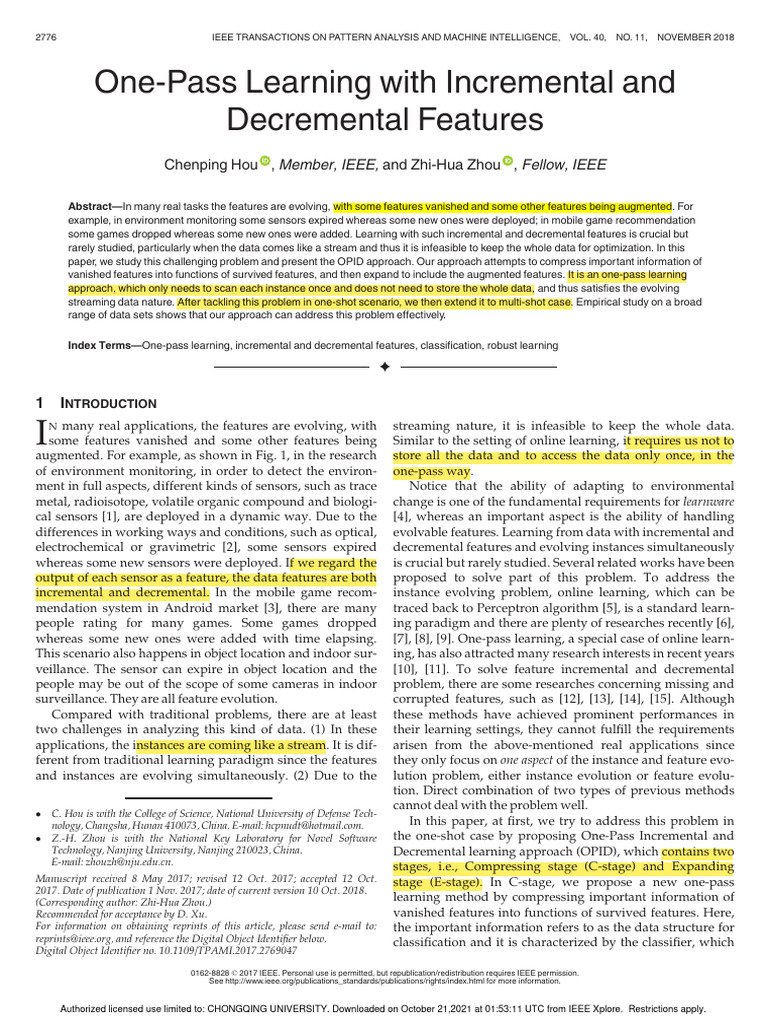 One Pass Learning With Incremental And Decremental Features Pdf Statistical Classification 