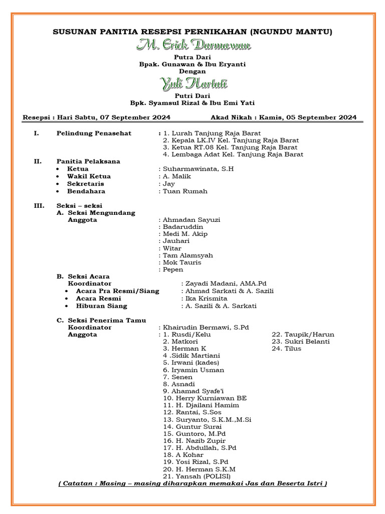 Susunan Panitia Resepsi Pernikahan Eric Dan Yuli | PDF
