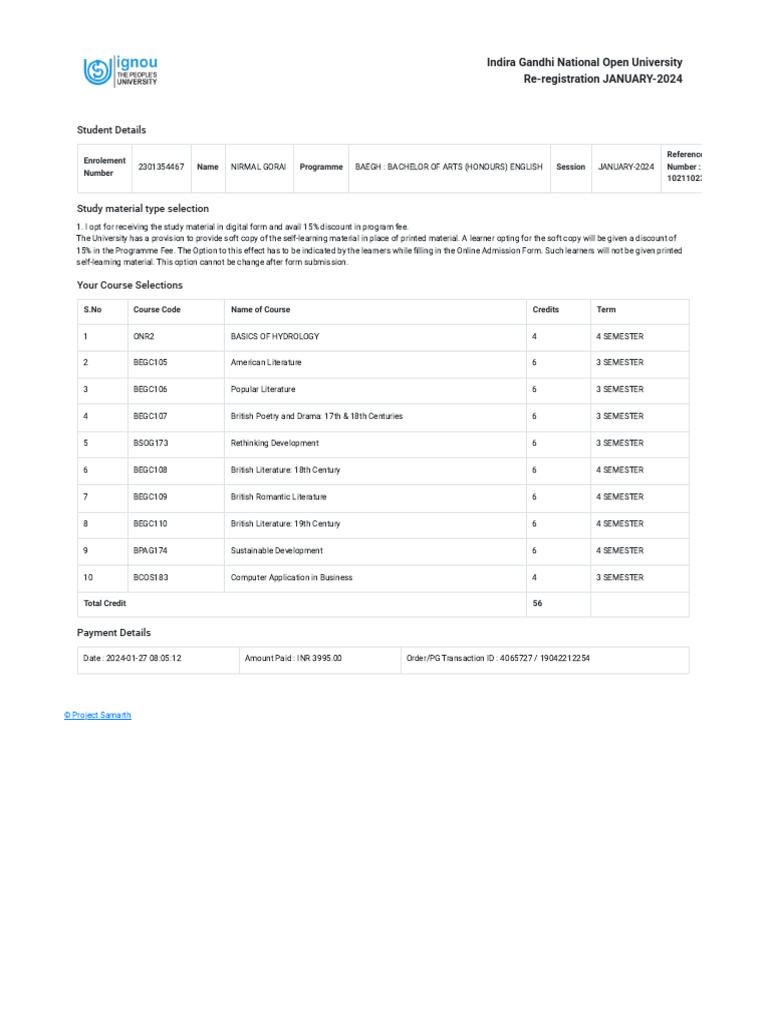 IGNOU Re-Registration Payment Receipt 2024 | PDF | Payments
