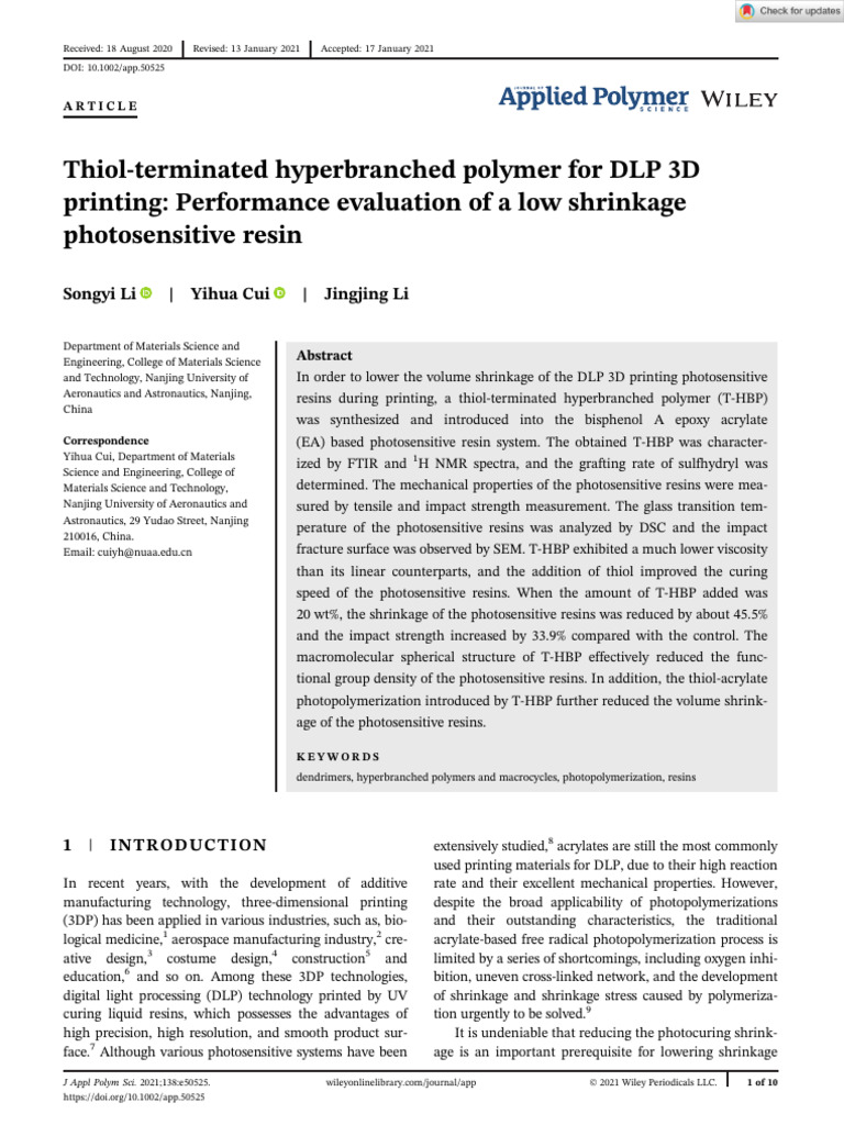 J of Applied Polymer Sci - 2021 - Li - Thiol Terminated Hyperbranched ...