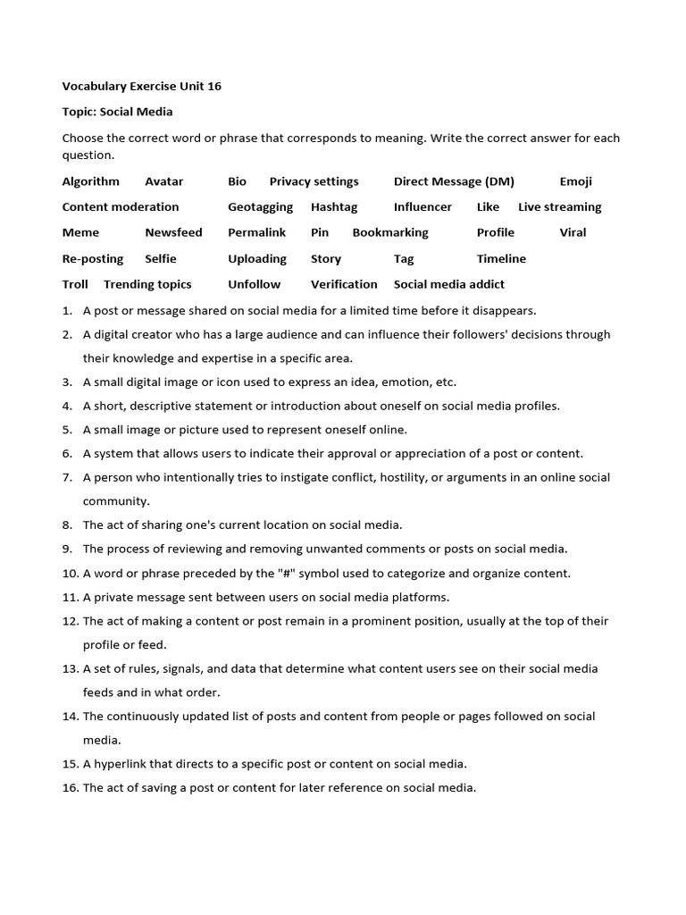 Social Media Vocabulary Exercise 1 | PDF | Popular Culture & Media ...