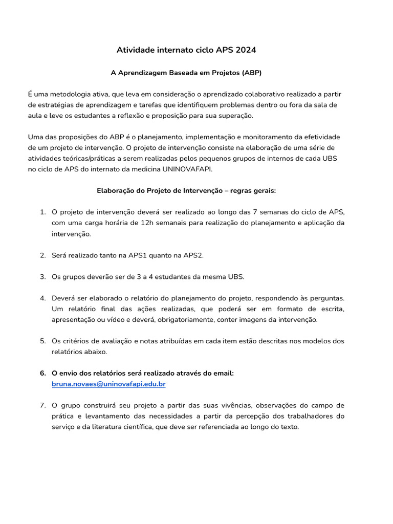 Atividade internato ciclo APS 2024 | PDF | Aprendizado