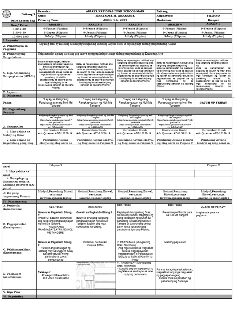 EDITED DLL - IDEA - FILIPINO9 W1 4th QUARTER | PDF