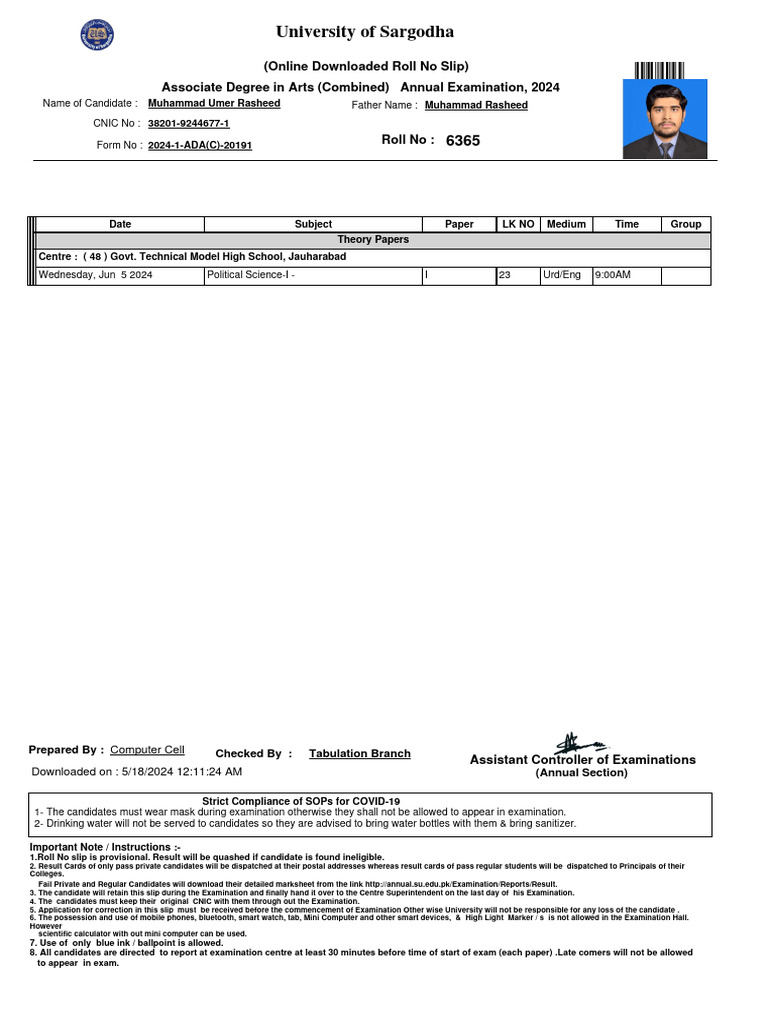 Provisional Roll No Slip for Exams 2024 | PDF | Computing