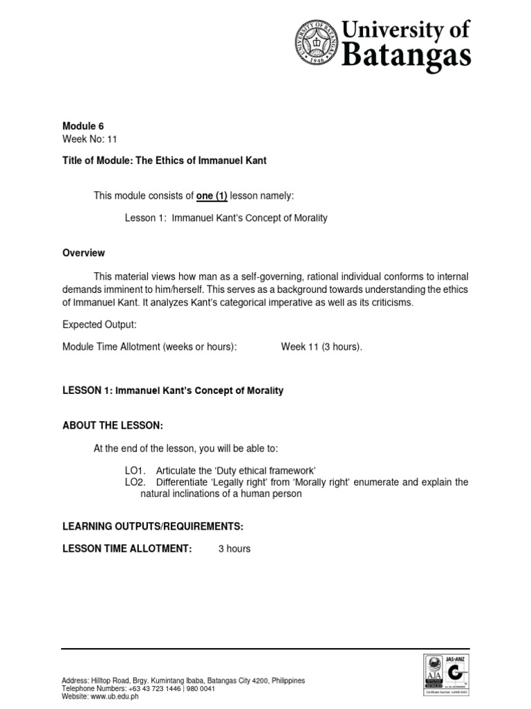 Module 6 The Ethics of Immanuel Kant | PDF | Immanuel Kant | Reason