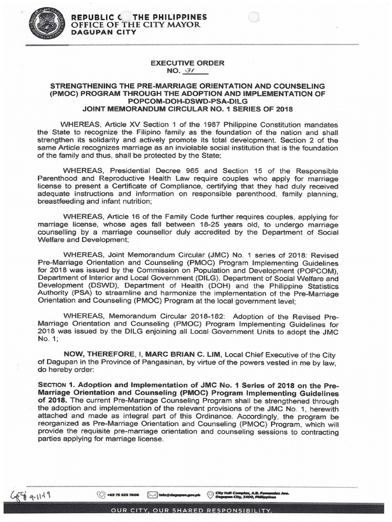 Executive Order No. 31 Strengthening The Pre Marriage Orientation and ...