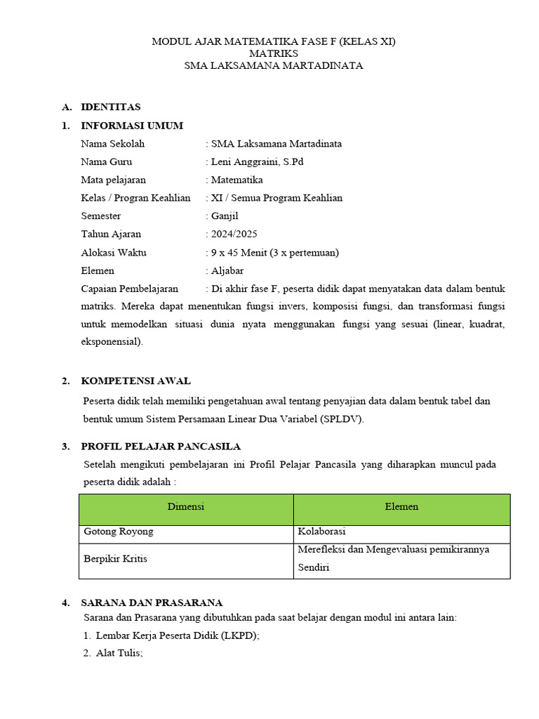 Modul Ajar Matematika - Matriks - Fase F | PDF