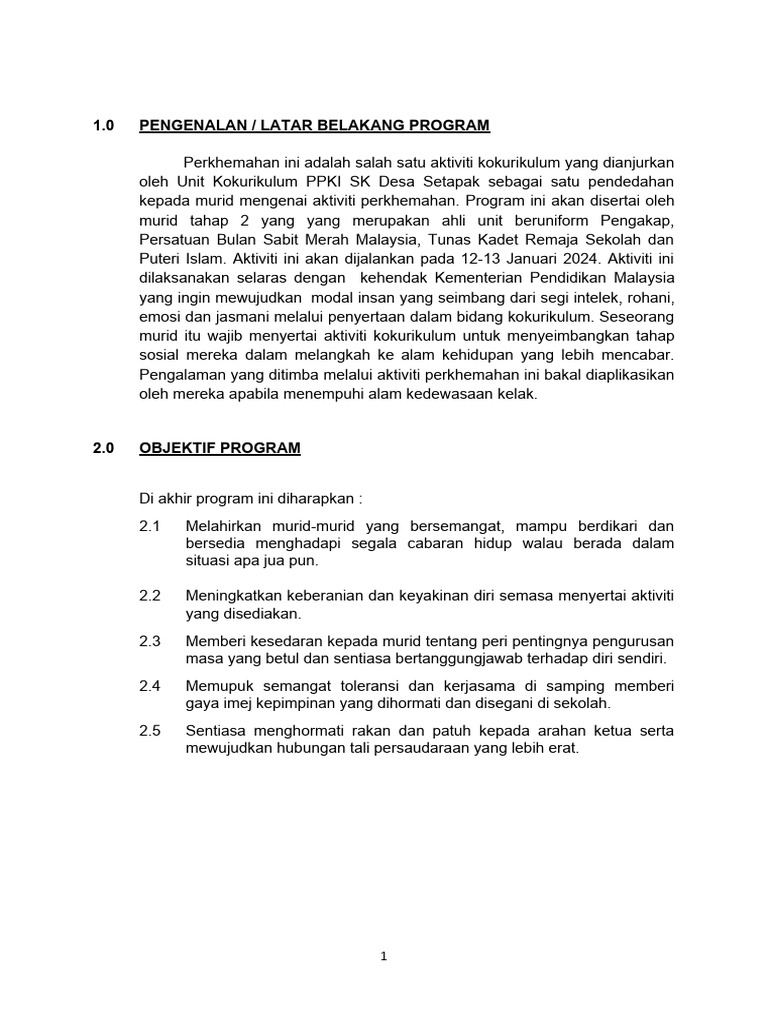 Kertas Kerja Perkhemahan 2024 | PDF