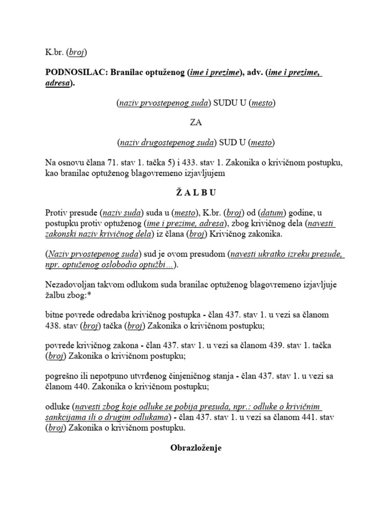 Žalba Branioca Optuženog Protiv Prvostepene Presude | PDF