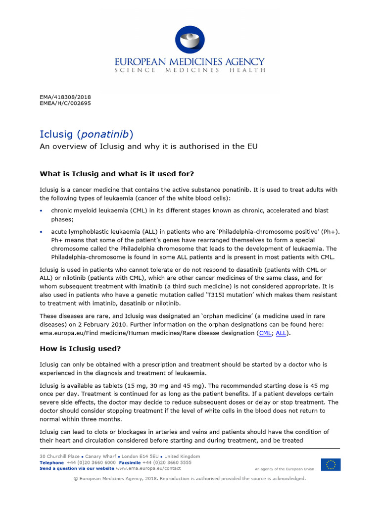 Iclusig Epar Summary Public en | PDF | Leukemia | Vein