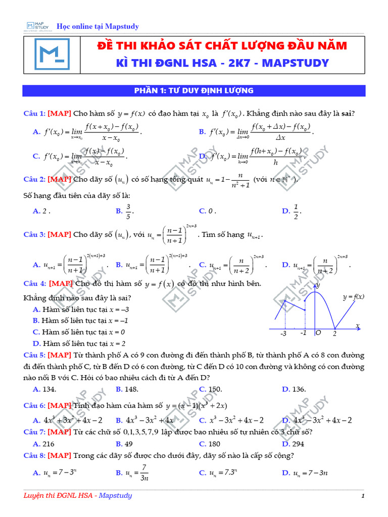 Đề Kscl Đầu Năm Dgnl Hsa - 2k7 - Mapstudy | PDF