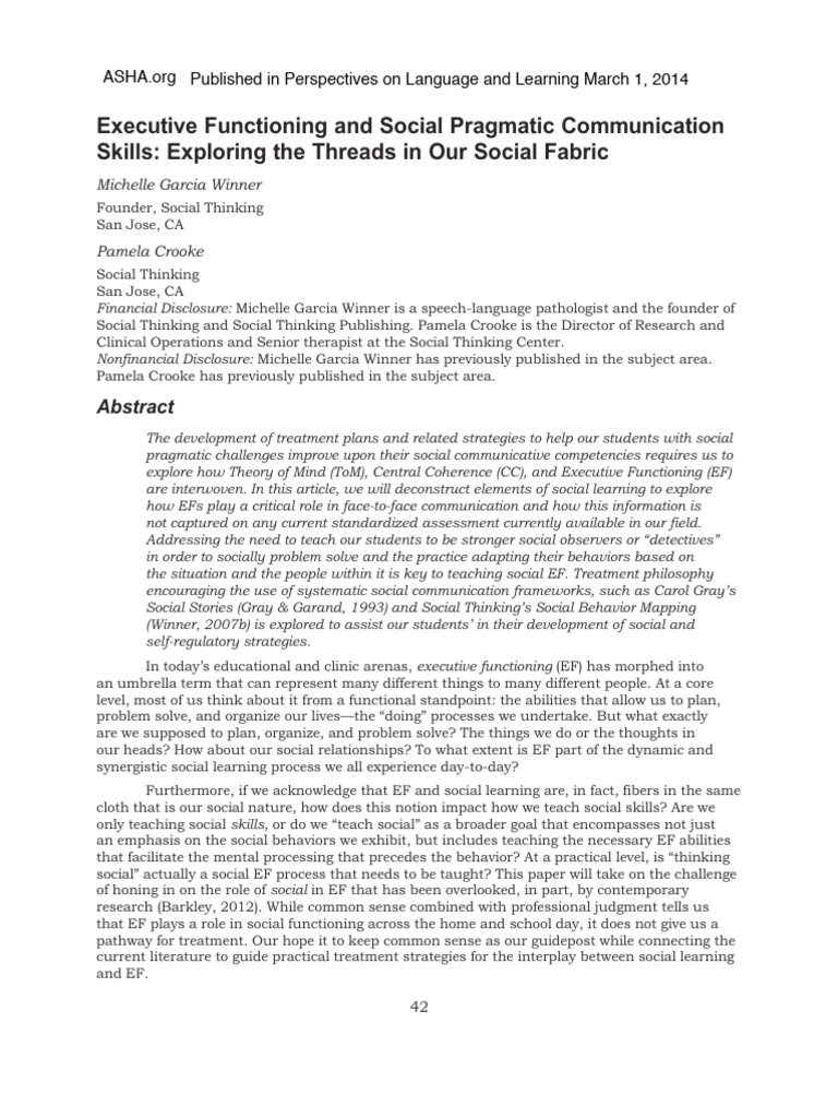 Executive Functioning and Social Pragmatic Communication Skills 2014 ...
