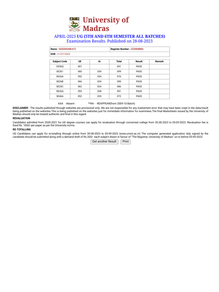 Exam - Unom.ac - in Results Ugresultpage - Asp | PDF
