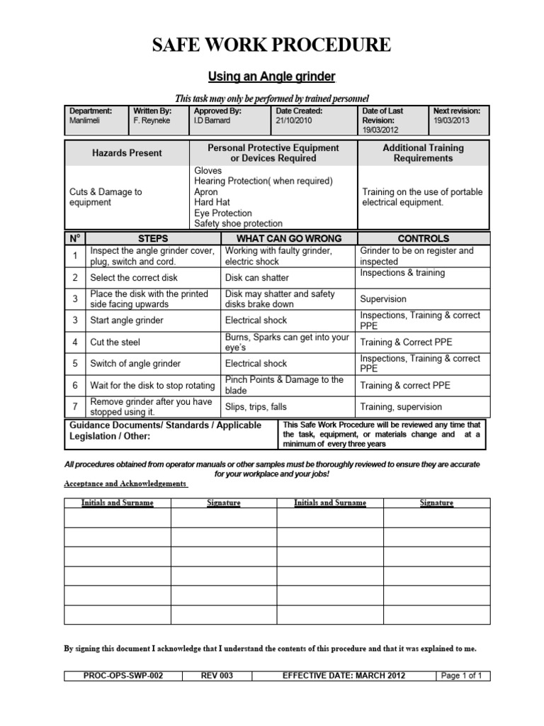 002 Using An Angle Grinder Rev 003 | PDF | Personal Protective Equipment | Safety