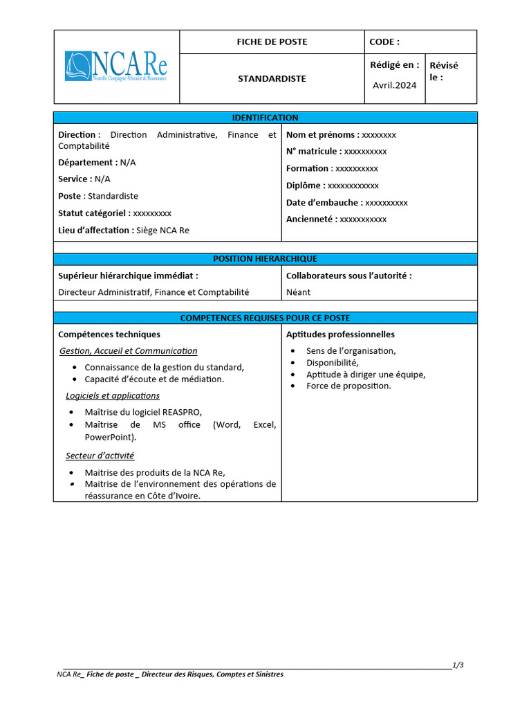 Fiche de Poste : Standardiste NCA Re | PDF | Assurance | Comptabilité