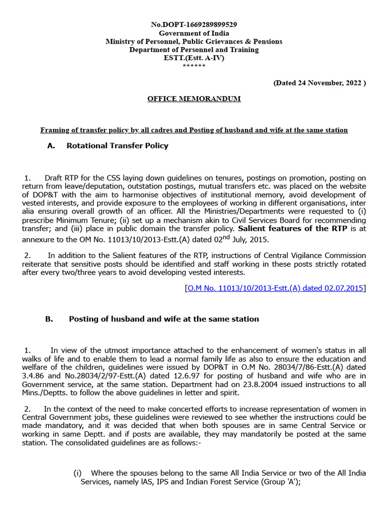 Framing of Transfer Policy by All Cadres and Posting of Husband and ...
