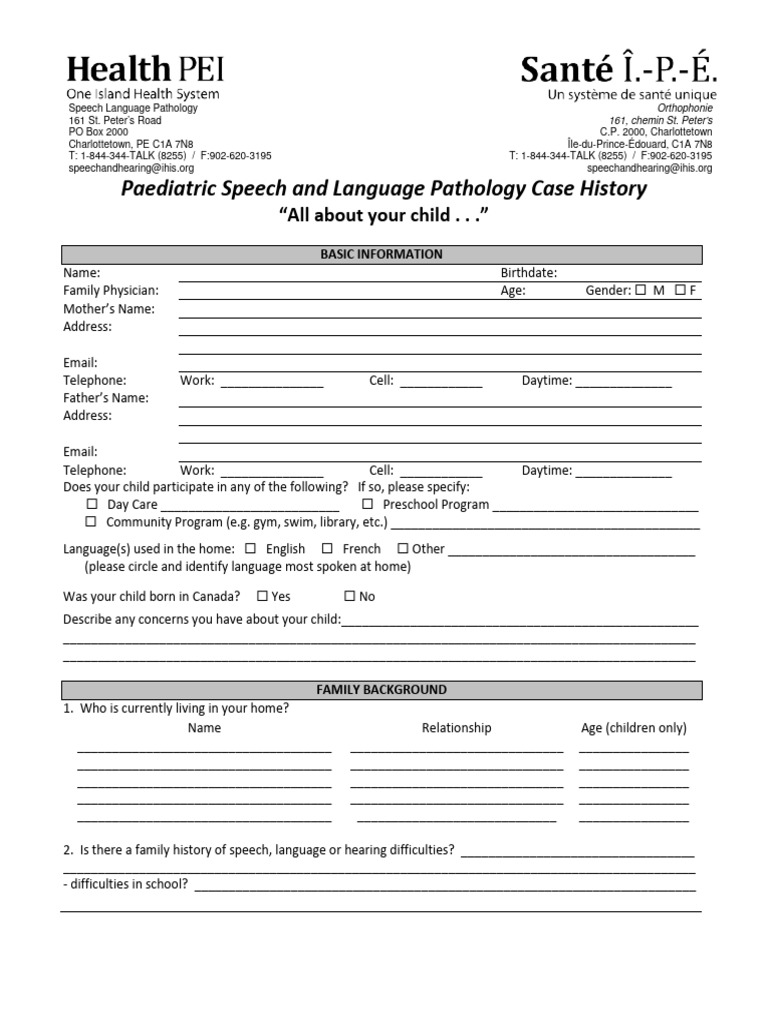 Paediatric Speech Language Case History Form | PDF | Speech | Language ...