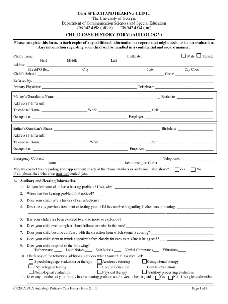 Speech Hearing Clinic Child Case History Form For Audiology | PDF ...