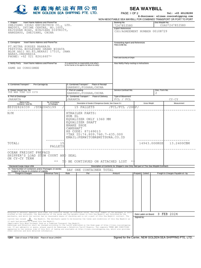 Contoh BL Import | PDF | Cargo | Bill Of Lading