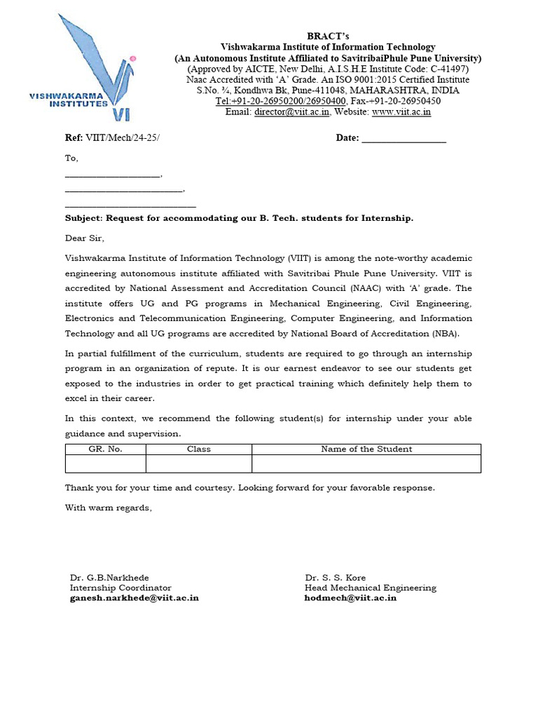 Letter of Recomndation (LOR) For Internship - 2023 - 24 | PDF