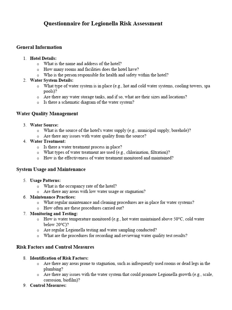 Questionnaire For Legionella Risk Assessment | PDF | Water