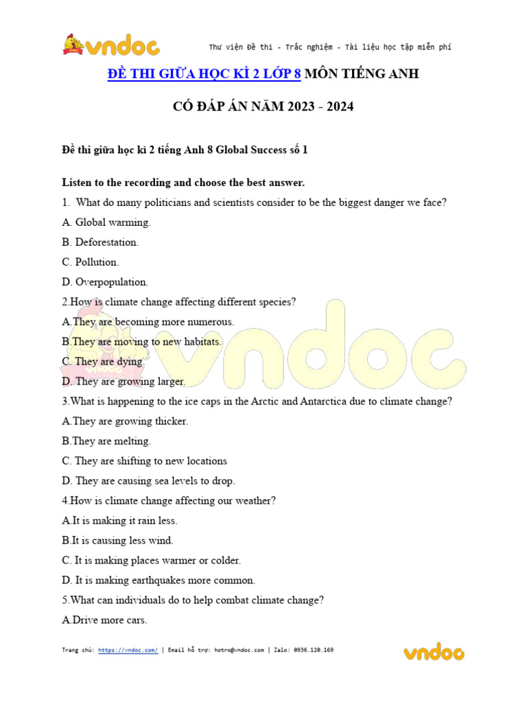 Bo de Thi Giua Hoc Ky 2 Mon Tieng Anh Lop 8 Co Dap An | PDF | Climate Change | Pollution