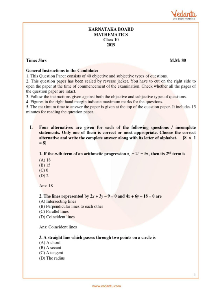 Karnataka SSLC Board (KSEEB) Question Paper For Class 10 Maths 2019 | PDF | Circle | Triangle