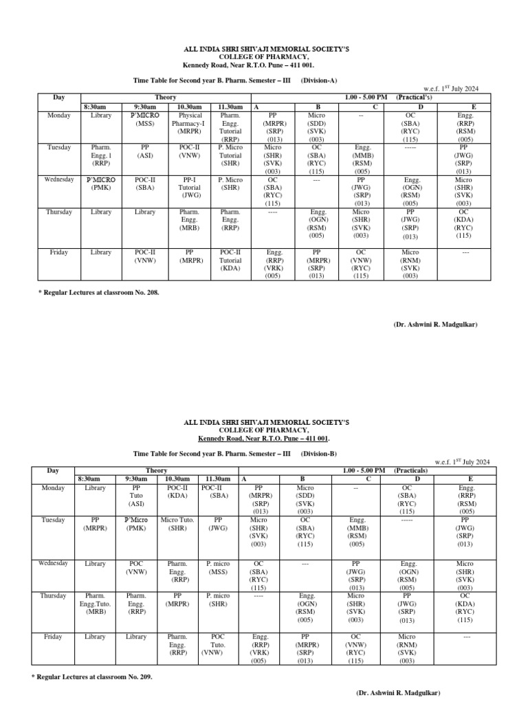 SY to Final Yr B.Pharm, Sem III RM Time Table | PDF | Vocational Education | Academic Degree