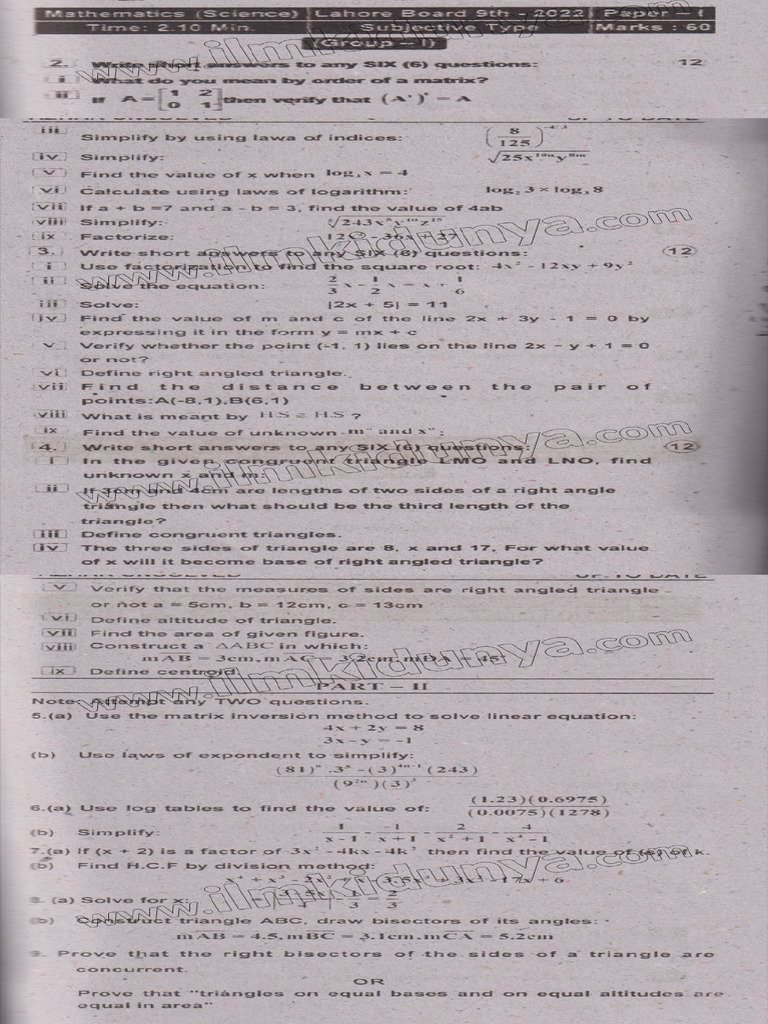 Past Paper 2022 Lahore Board 9th Class Mathematics Group I Subjective ...