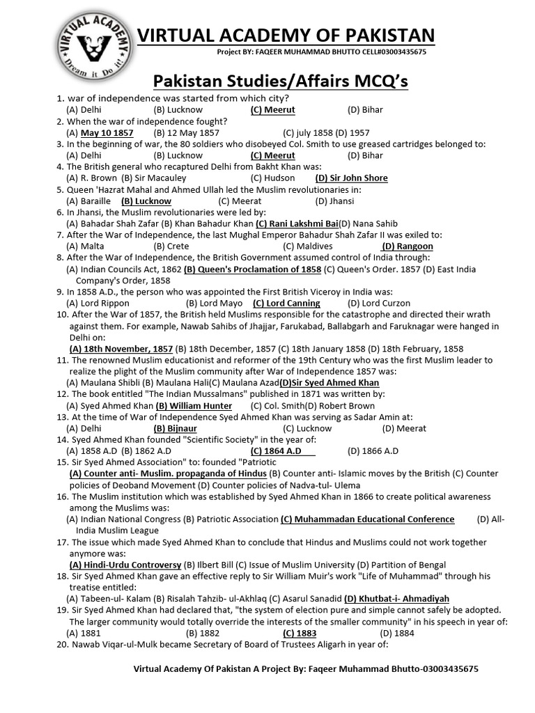 200 Pakistan Studies MCQS | PDF | All India Muslim League | Muhammad Ali Jinnah