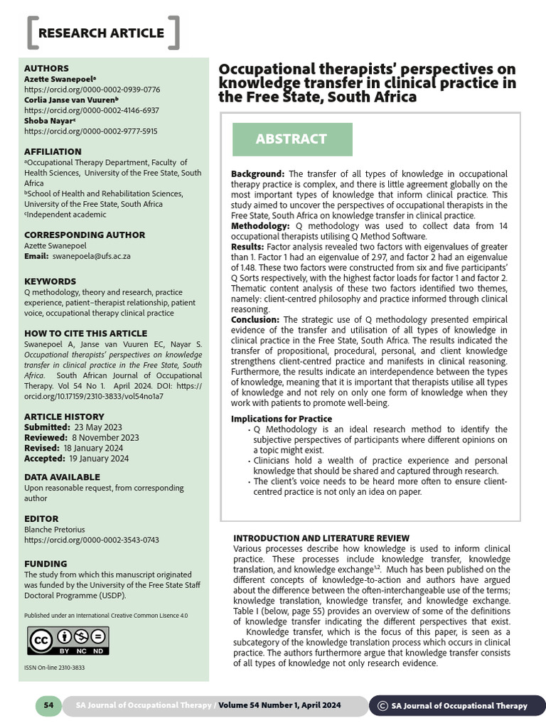 Knowledge Transfer in OT Practice | PDF | Occupational Therapy ...