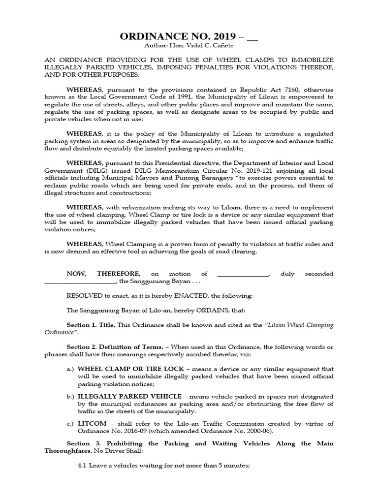 Liloan Wheel Clamping Ordinance | PDF | Fine (Penalty) | Parking