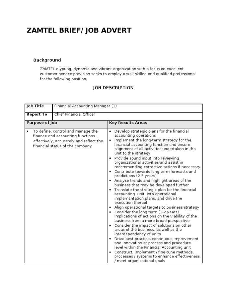ZAMTEL Financial Accounting Manager Job Advert | PDF | Strategic ...