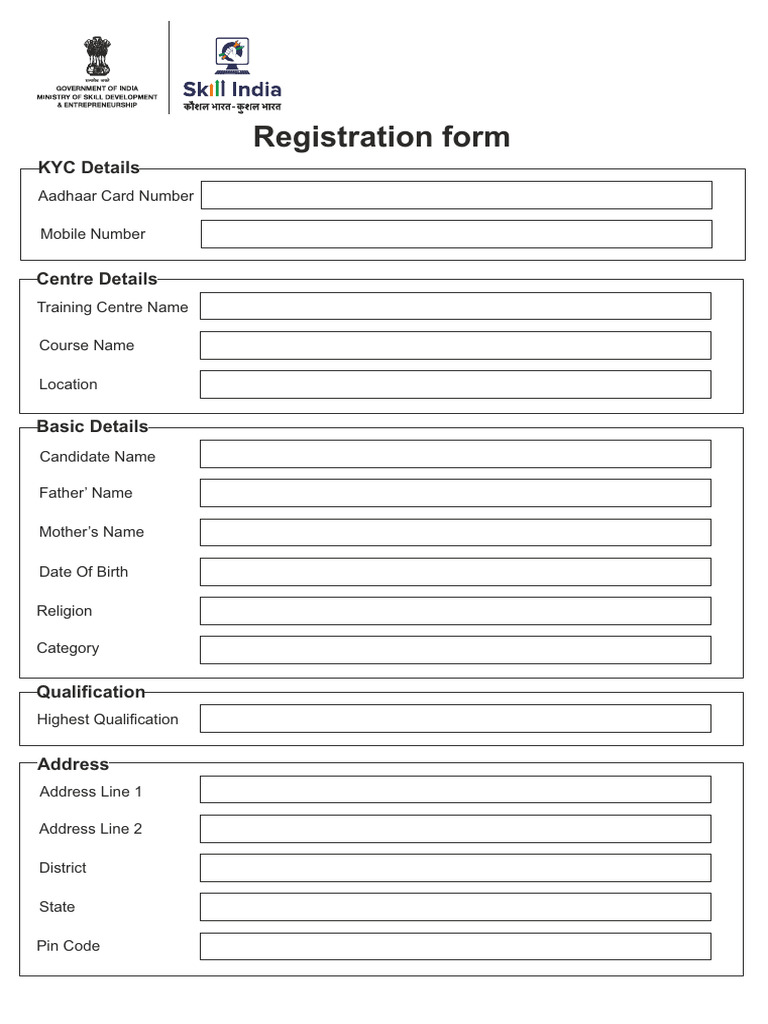 Skill India Registration Form Template | PDF
