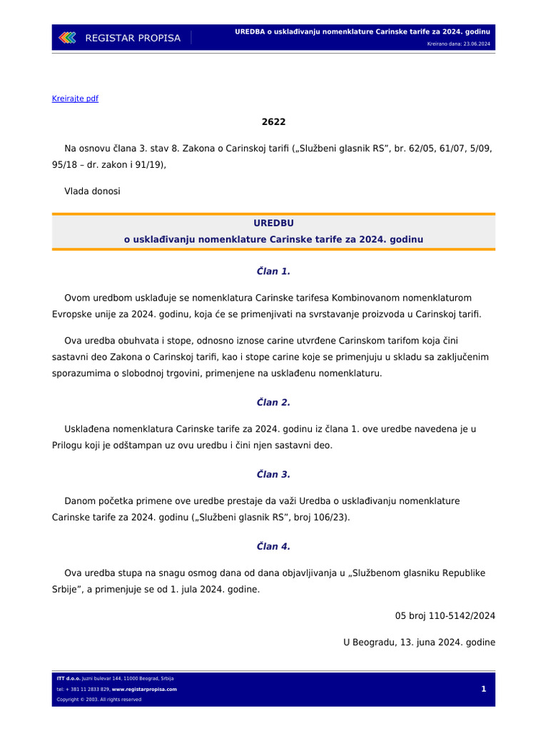 UREDBA o Usklađivanju Nomenklature Carinske Tarife Za 2024. Godinu | PDF