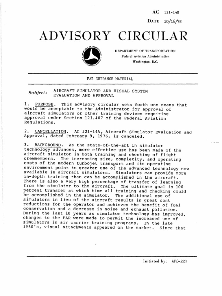 FAA-AC-121-14B Aircraft Simulator and Visual System Evaluation and ...