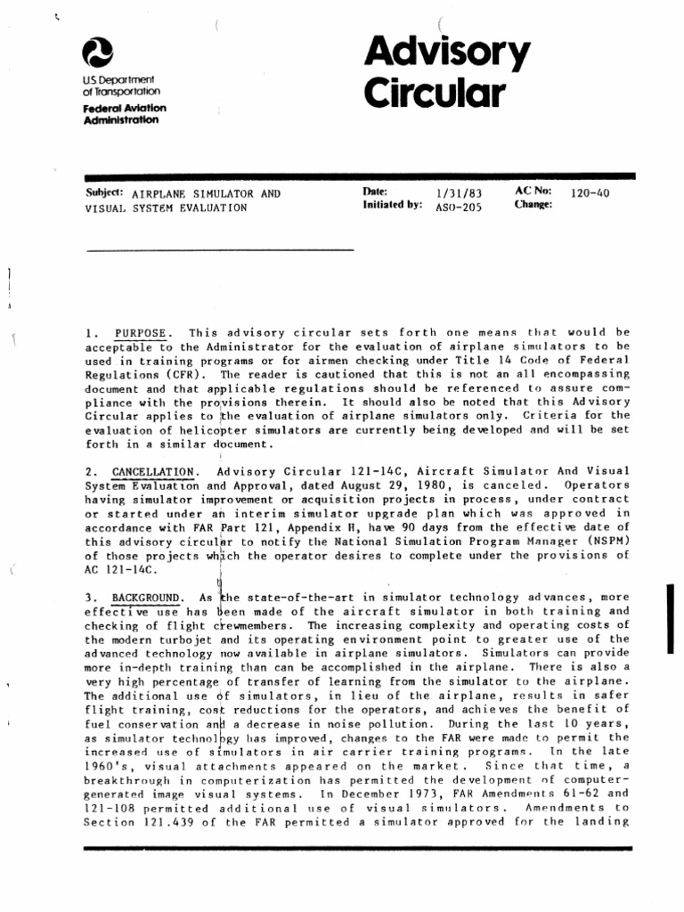 FAA-AC-120-40 Airplane Simulator and Visual System Evaluation | PDF