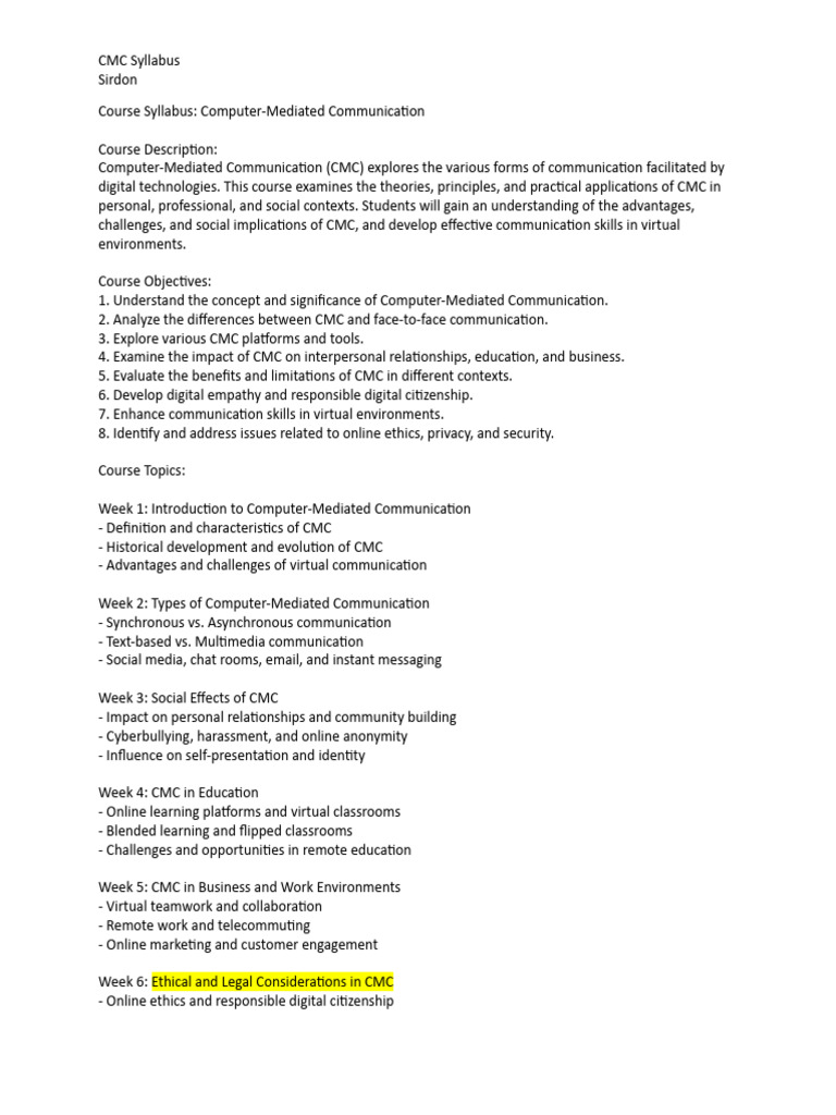 Eng 112 CMC Course Syllabus | PDF | Computer Mediated Communication | Communication