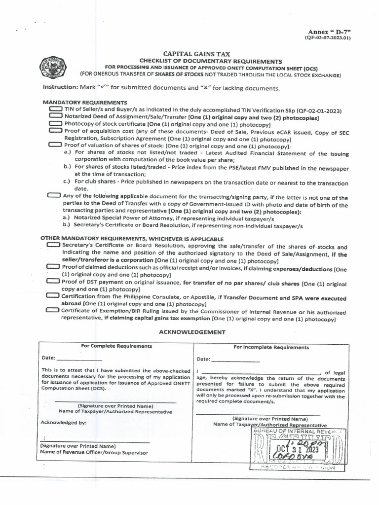 Checklist - Capital Gains Tax | PDF