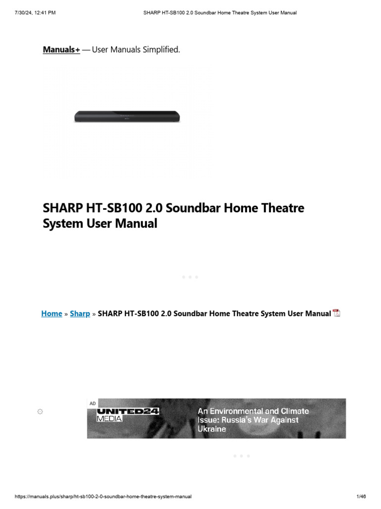 SHARP HT-SB100 2.0 Soundbar Home Theatre System User Manual | PDF | Ac ...