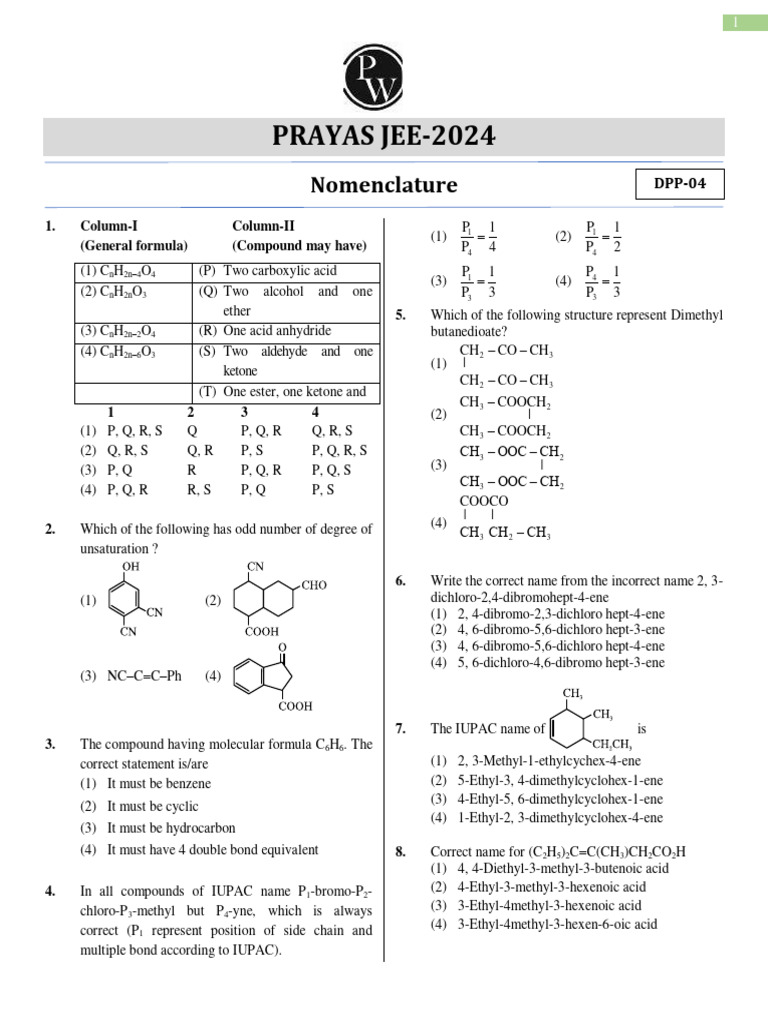 Nomenclature - DPP 04 (Extra DPP) - JEE 2024 | PDF | Organic Compounds | Molecules