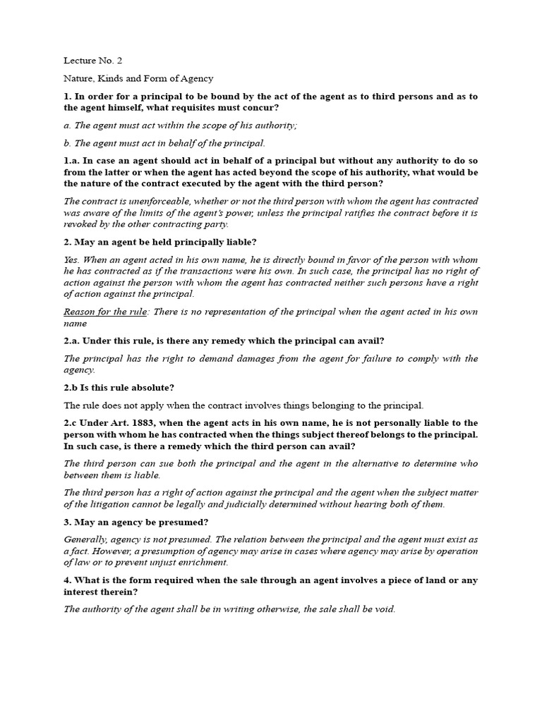 Lecture No 2 | PDF | Law Of Agency | Civil Law (Common Law)