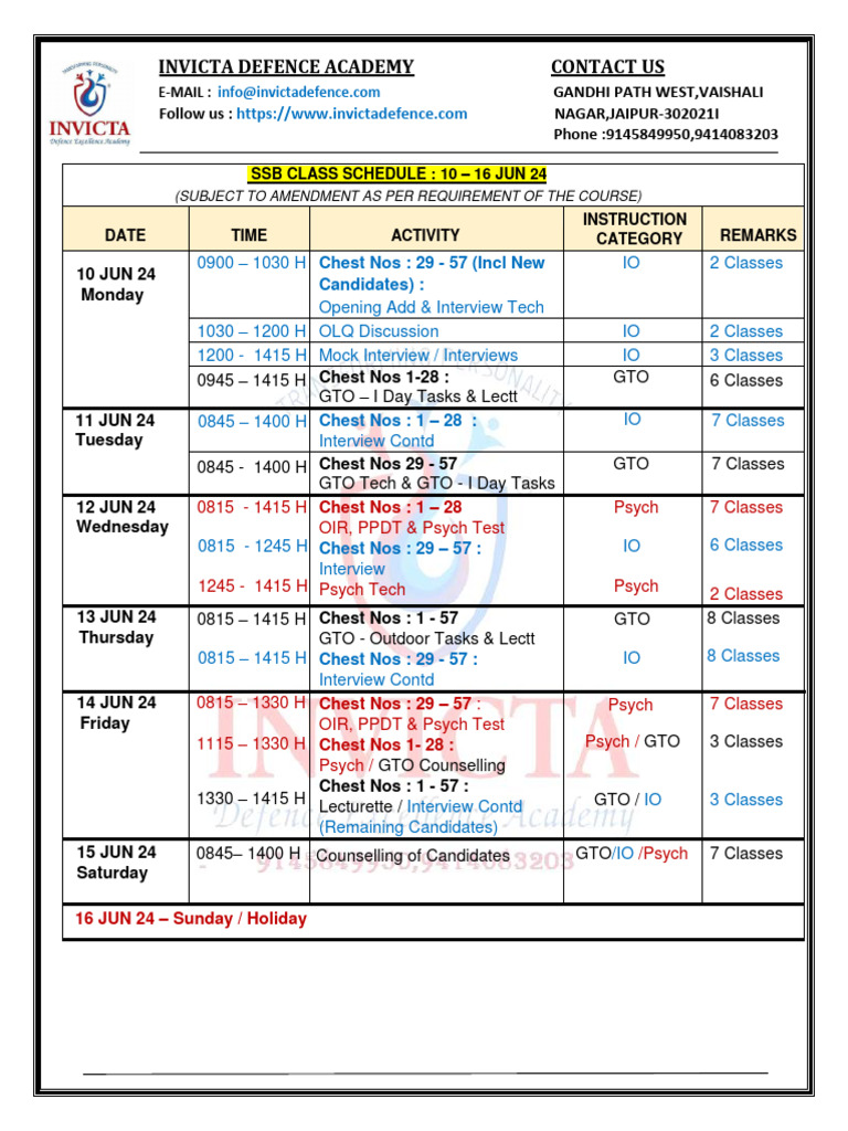 SSB Class Schedule: June 10-16, 2024 | PDF