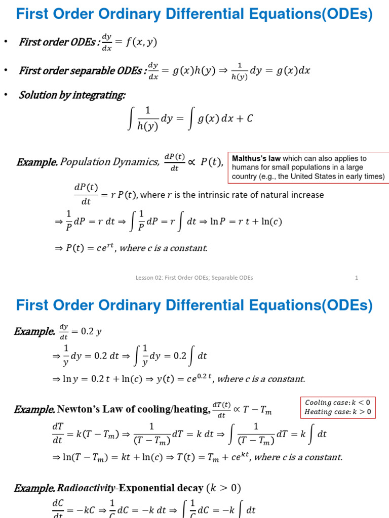 Lecture 03 First Order Odes Separable Odes Pdf Ordinary