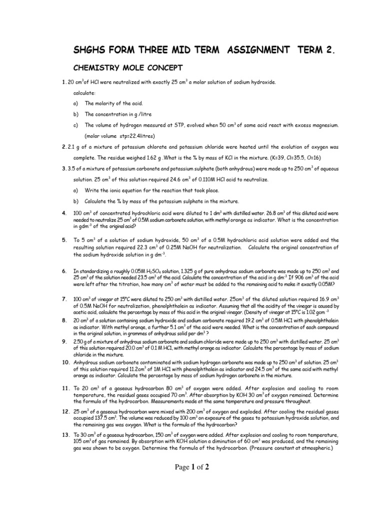 Chemistry Midterm Asignment Form 3 Term 2 2024 | PDF | Acid | Hydrochloric Acid