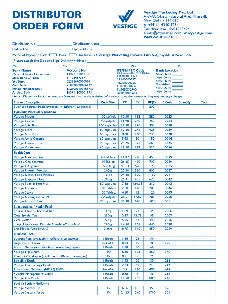 Instapdf - in Vestige Distributor Order Form 811 | PDF
